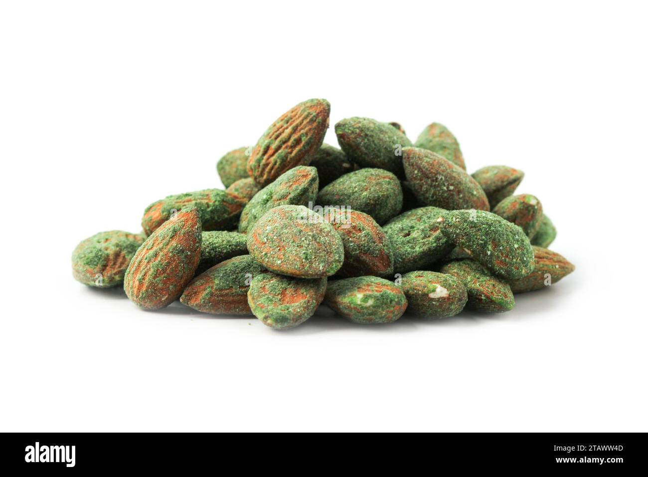 Handful of spicy almonds with wasabi isolated on white background Stock ...