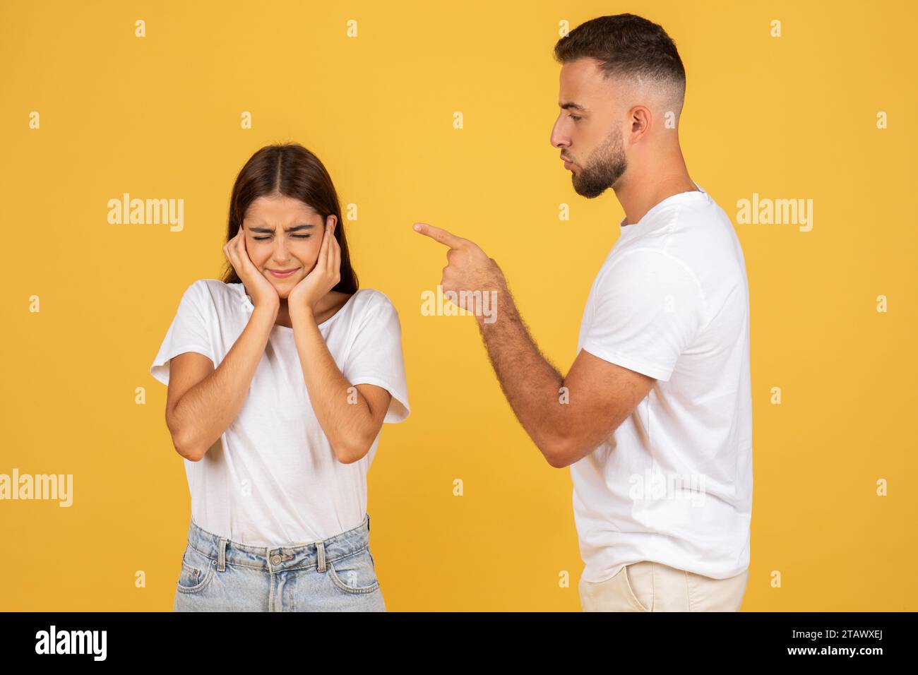 Strict angry millennial european man in white t-shirt scream, quarrel ...