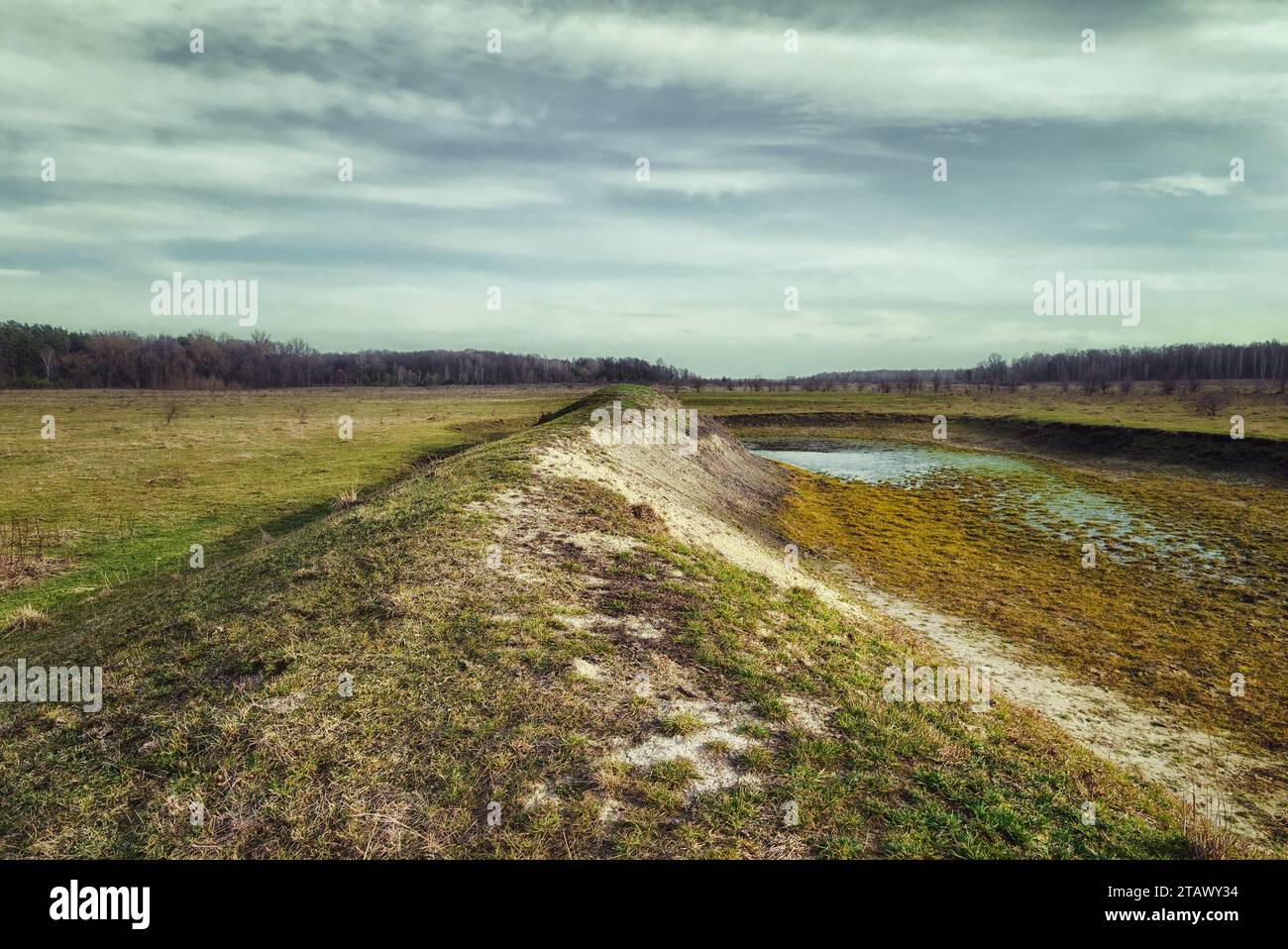 A landscape photo captures a grassy field with a small pond and a dirt ...
