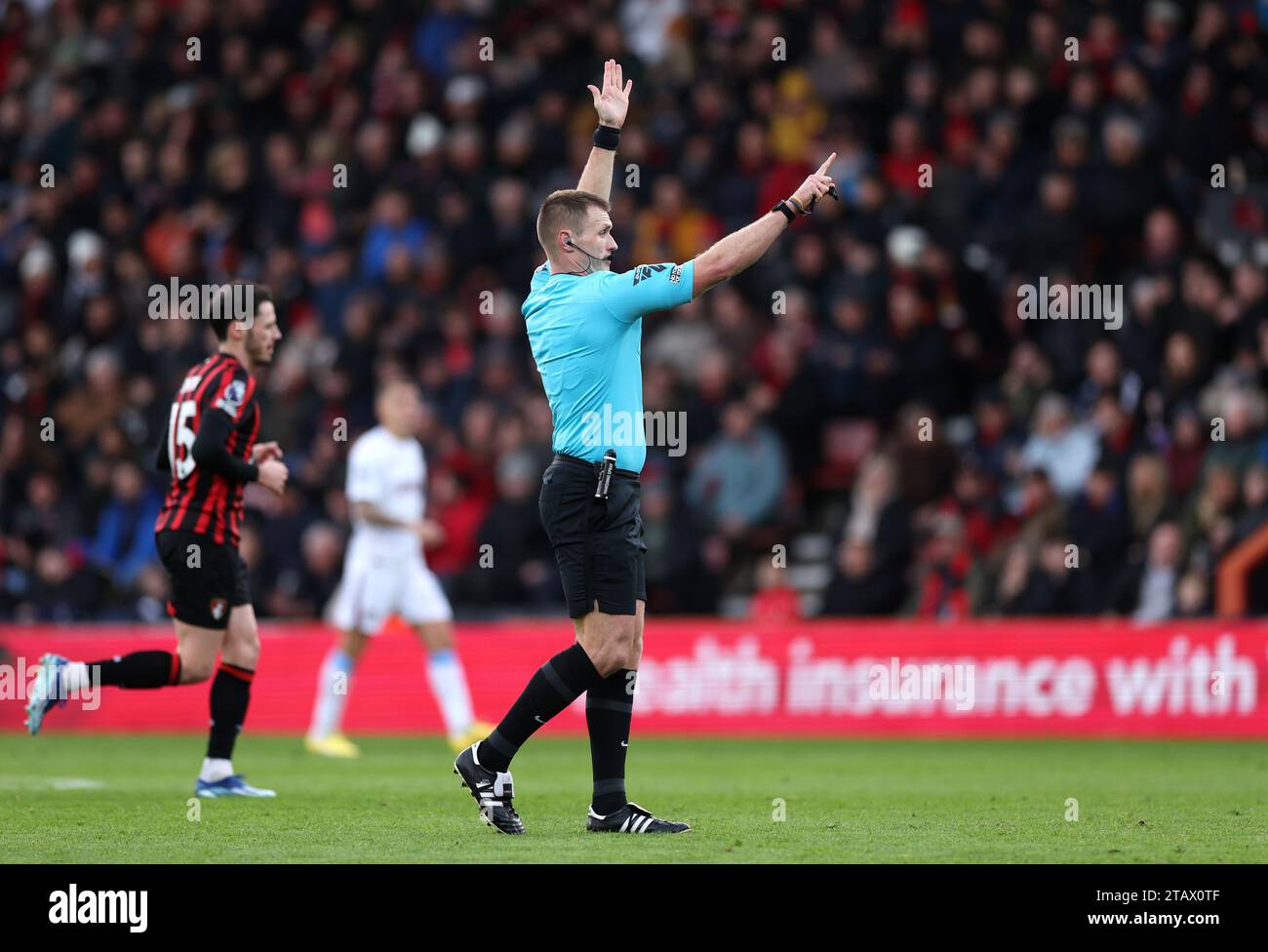 Referee Thomas Bramall rules a goal offside following a VAR check ...