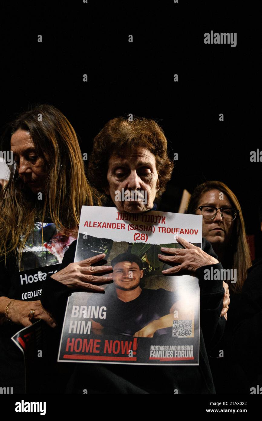 Israel. 02nd Dec, 2023. Former hostages Irena Tati hold a picture of ...