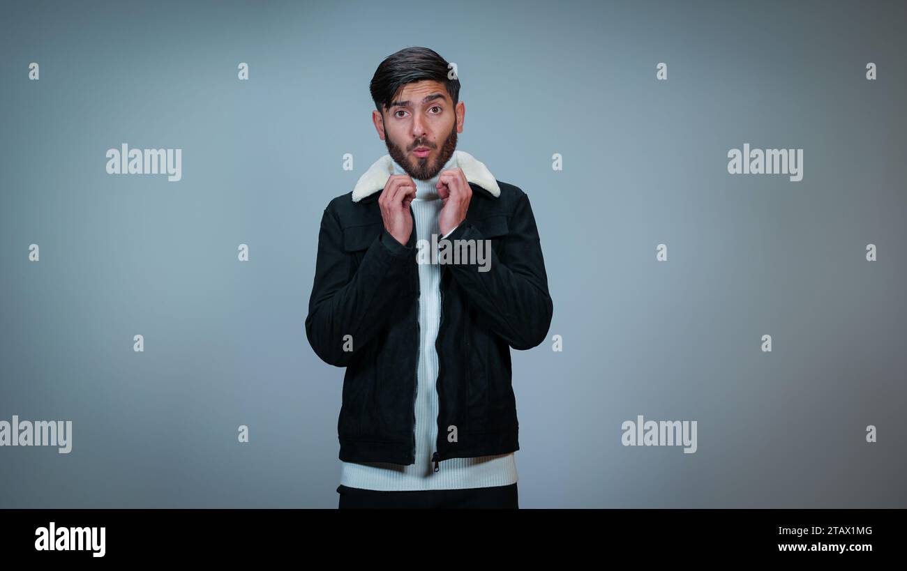 Scared man against dark background, Portrait of a young frightened man ...