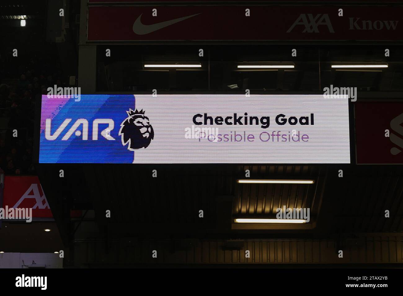 A big screen displays a VAR check during the Premier League match ...