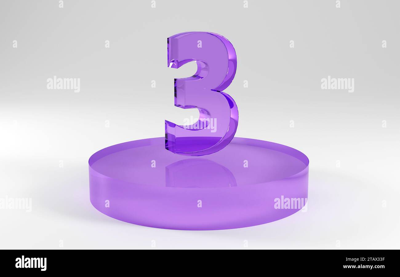 Simple 3D Illustration of a glass Purple Number three on a Podium on a ...