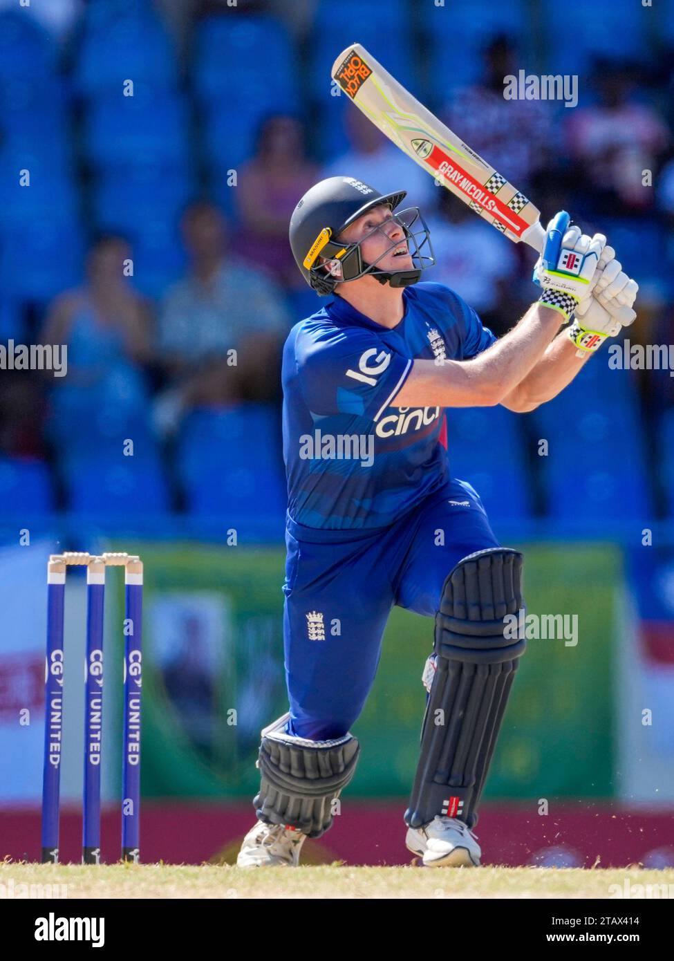 England's Zak Crawley plays a shot against West Indies during the first ...