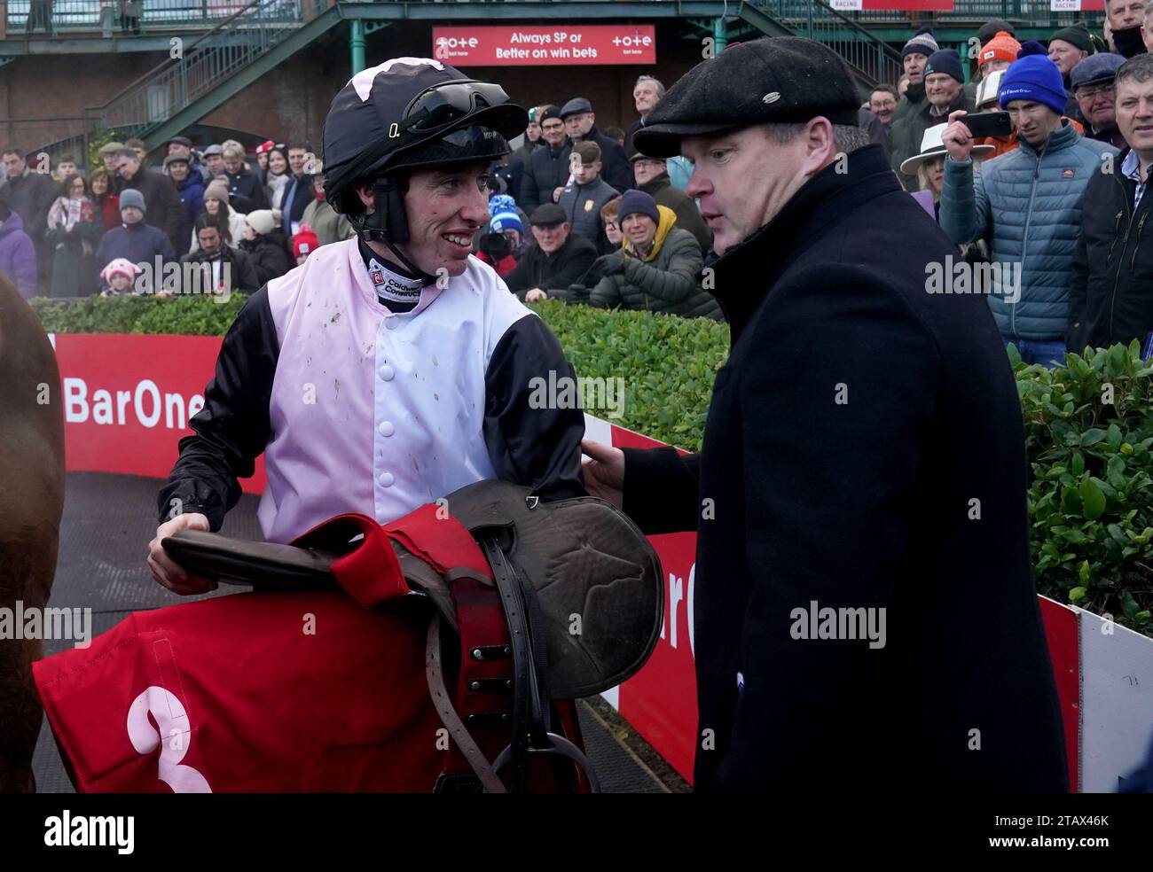Jockey Jack Kennedy (left) speaks with trainer Gordon Elliott in the ...