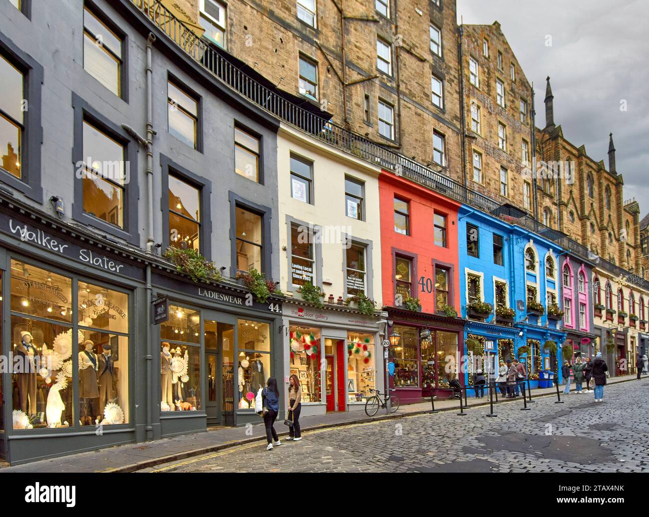 Edinburgh Scotland Victoria Street looking up the cobbled street past ...
