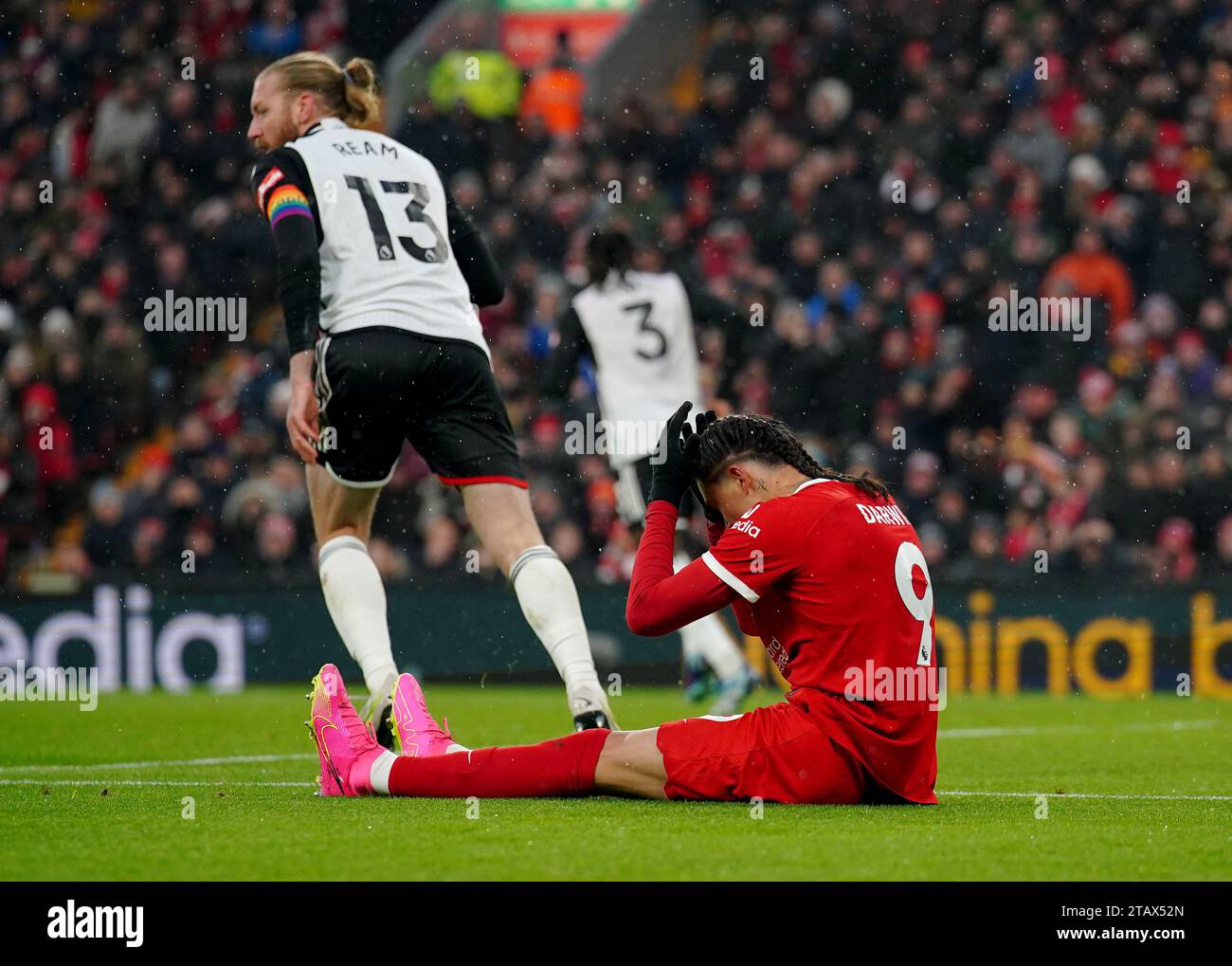 Liverpool's Darwin Nunez reacts after missing an opportunity during the ...
