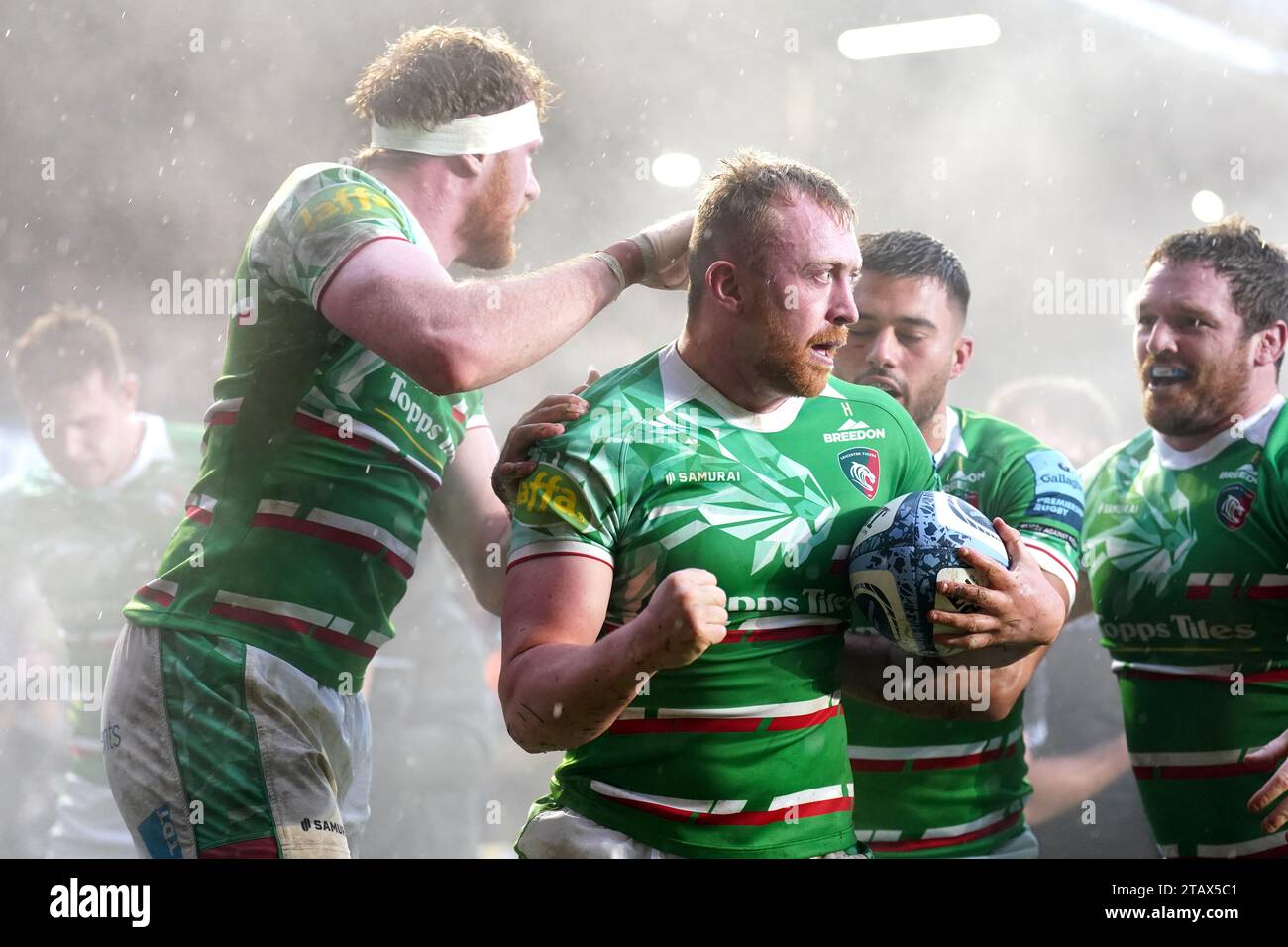 Leicester Tigers' Tommy Reffell (centre) celebrates scoring his side's ...