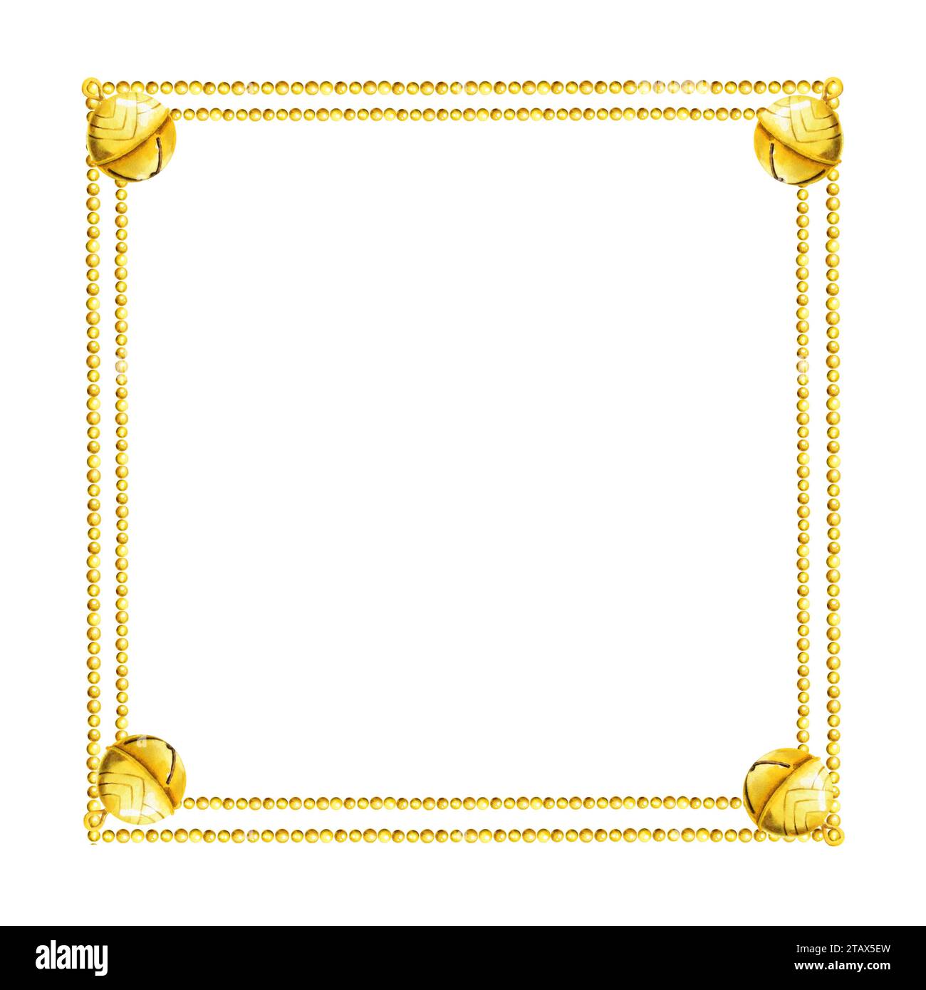 watercolor square frame with Christmas tree toys with shiny golden ...