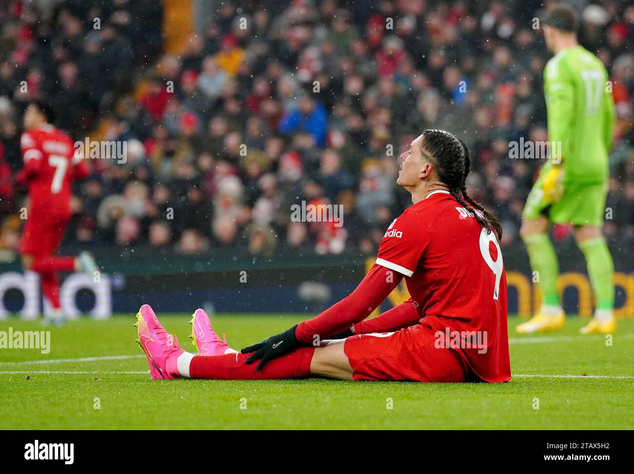 Liverpool's Darwin Nunez reacts after missing an opportunity during the ...