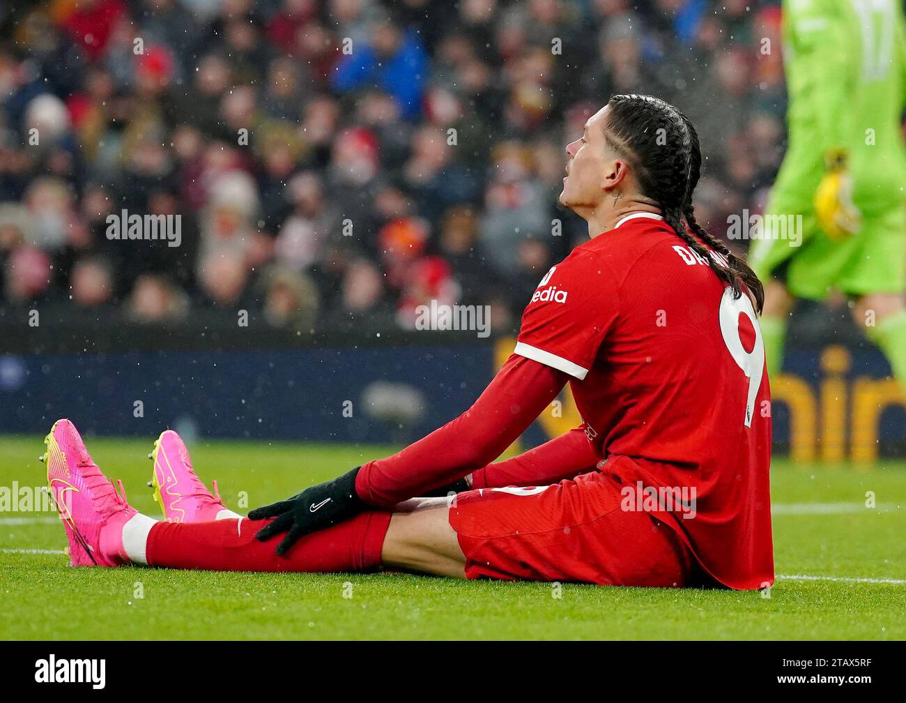 Liverpool's Darwin Nunez reacts after missing an opportunity during the Premier League match at ...