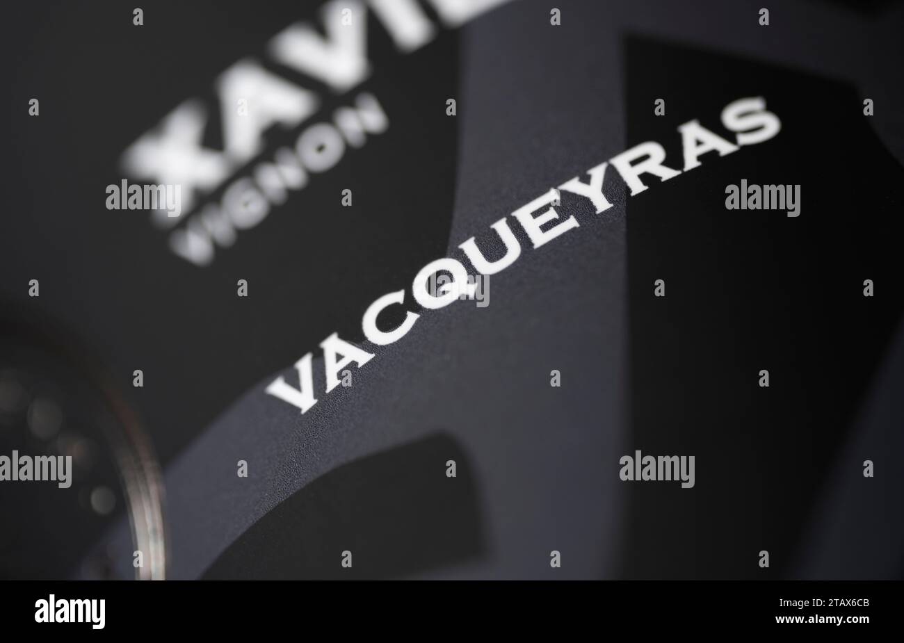 Closeup of Vacqueyras wine label, a full bodied Côtes du Rhône red wine ...