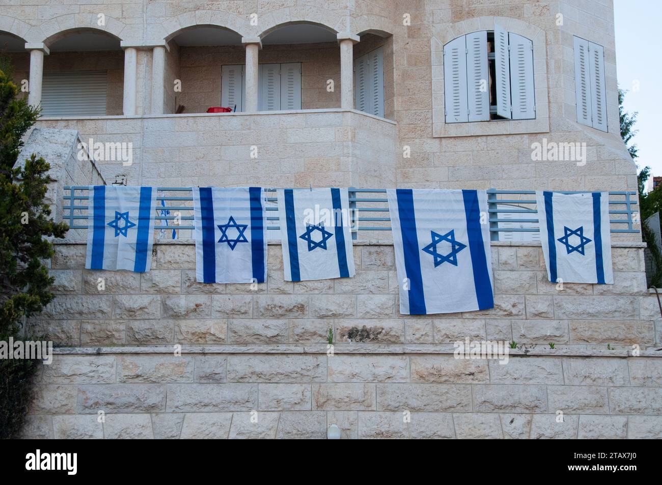 Multiple blue and white Israeli flags on display during the annual ...