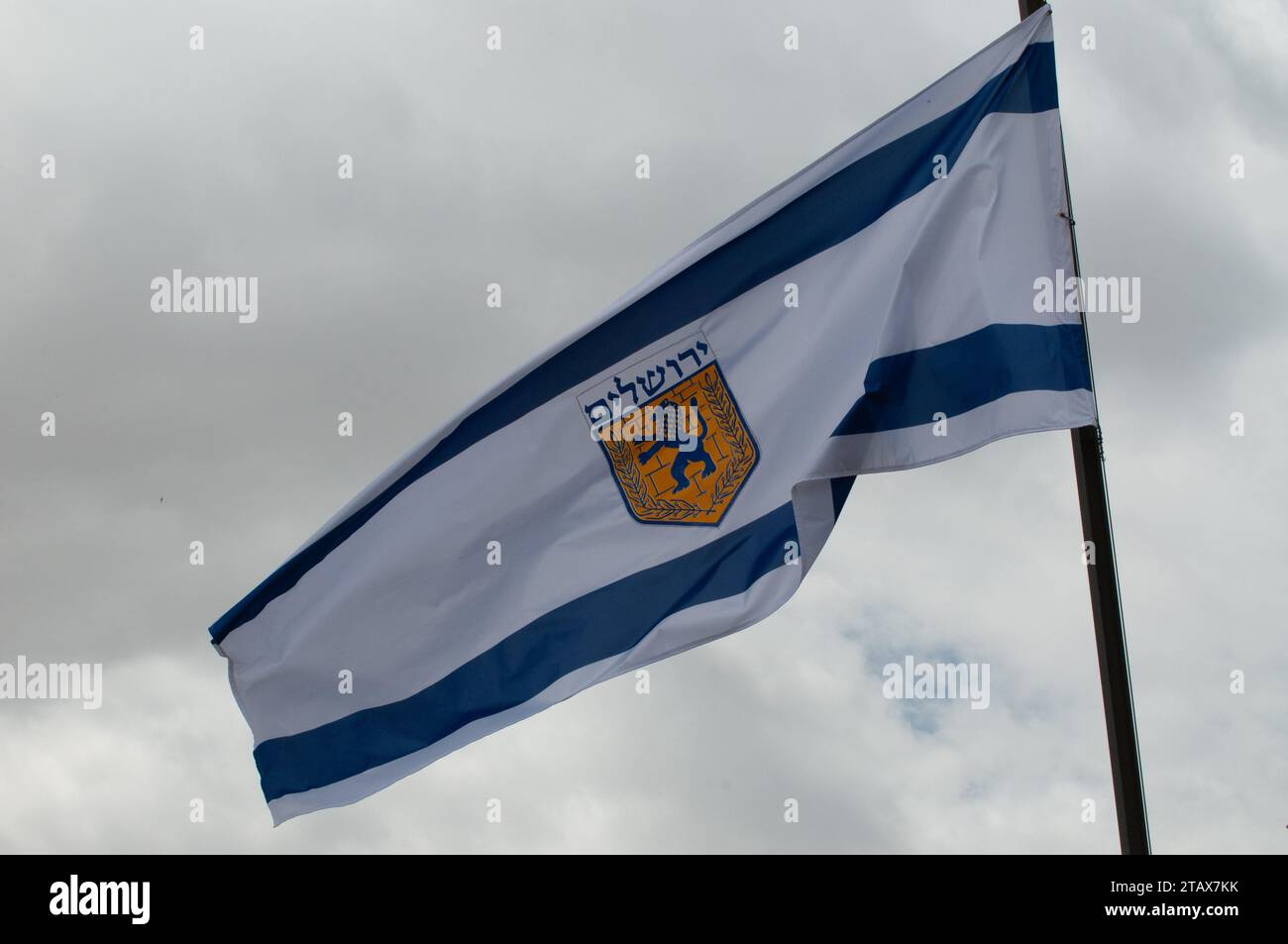 Flag of the capital of Israel, Jerusalem, with a blue lion and gold ...