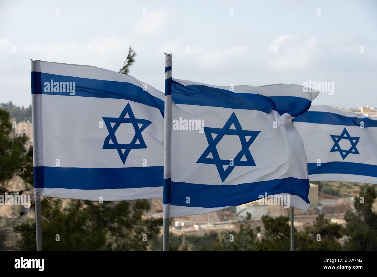 Multiple blue and white Israeli flags on display during the annual ...