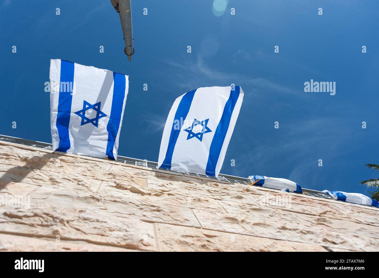 Multiple blue and white Israeli flags on display during the annual ...