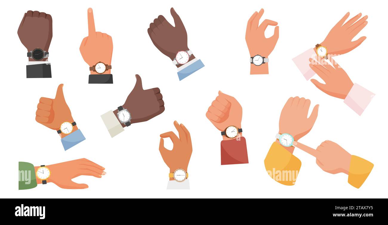 Hands in wrist watches set, wristwatch with strap on male and female ...