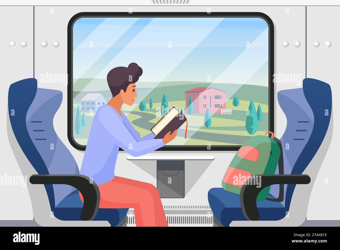 Man traveling alone in train compartment, male passenger sitting by ...