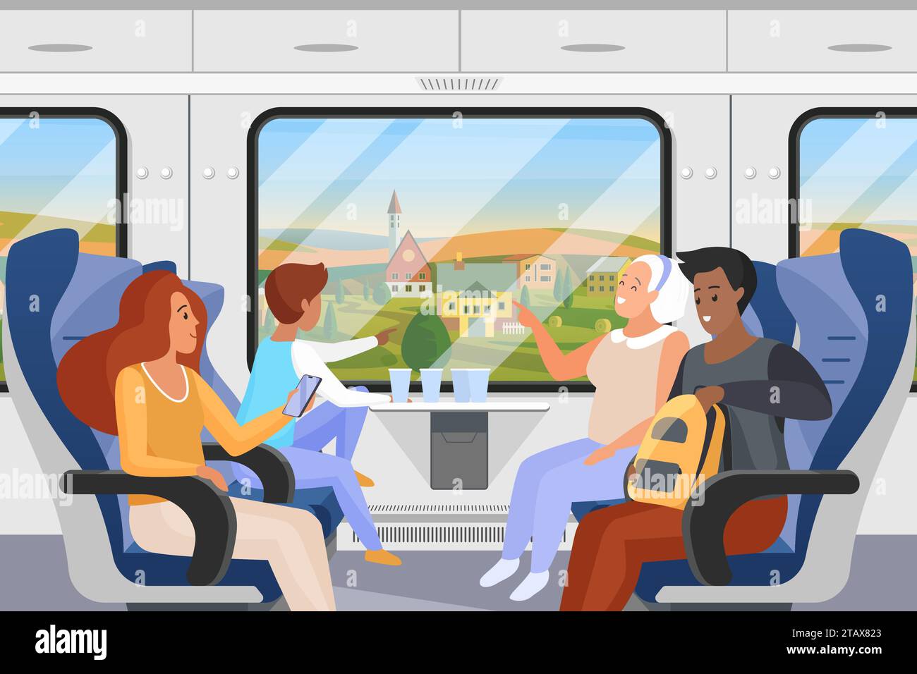 Family traveling in train compartment, passengers sitting on seats ...