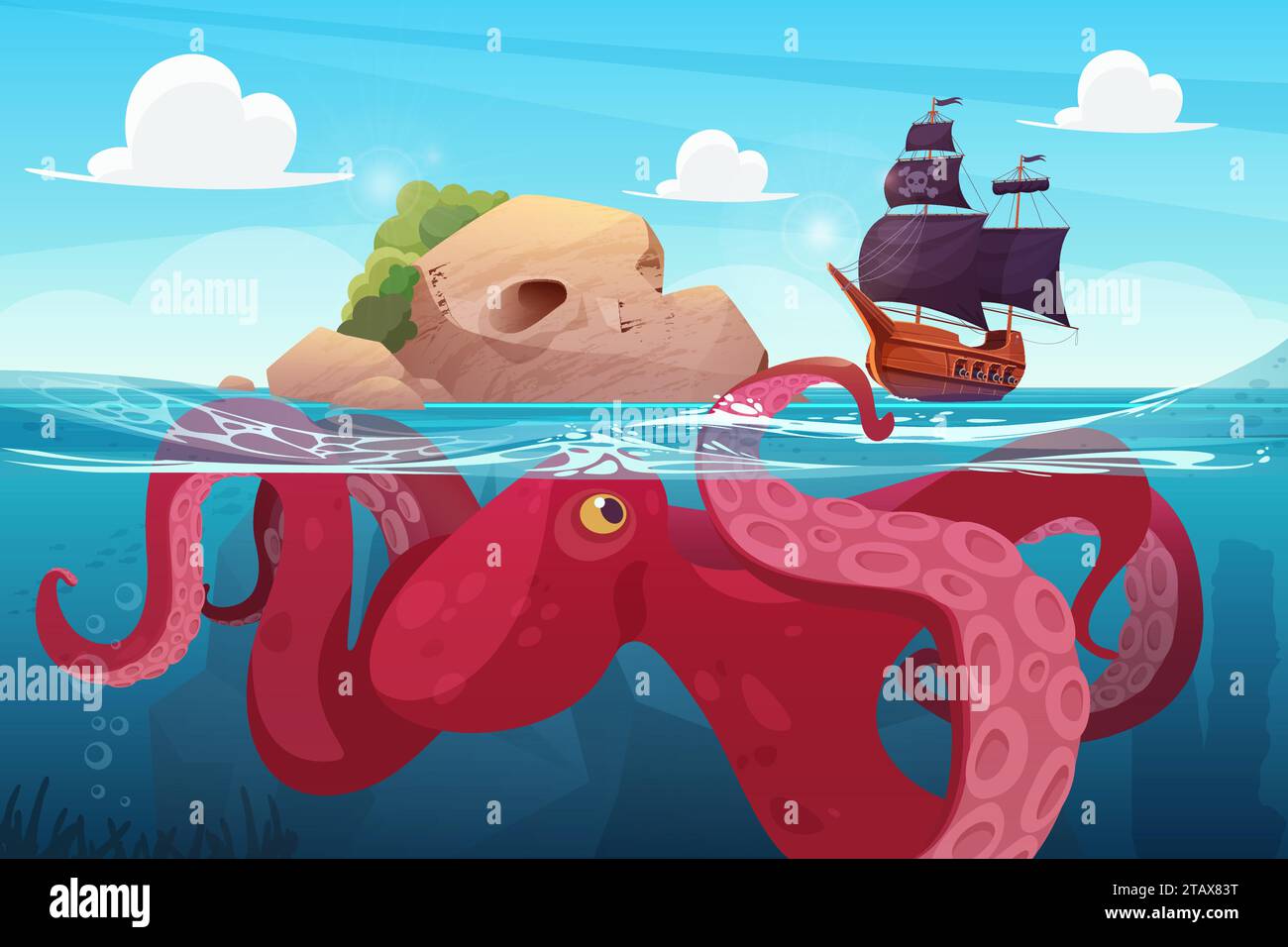 Octopus and pirate ship sailing to tropical island, ocean or sea ...