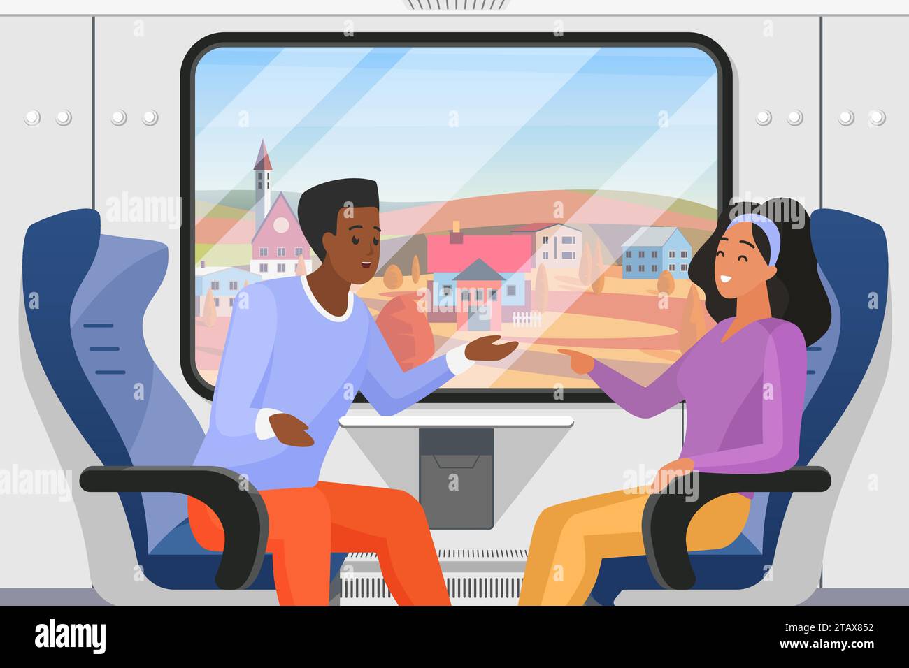 Couple or young friends travel in train compartment and talk, people ...