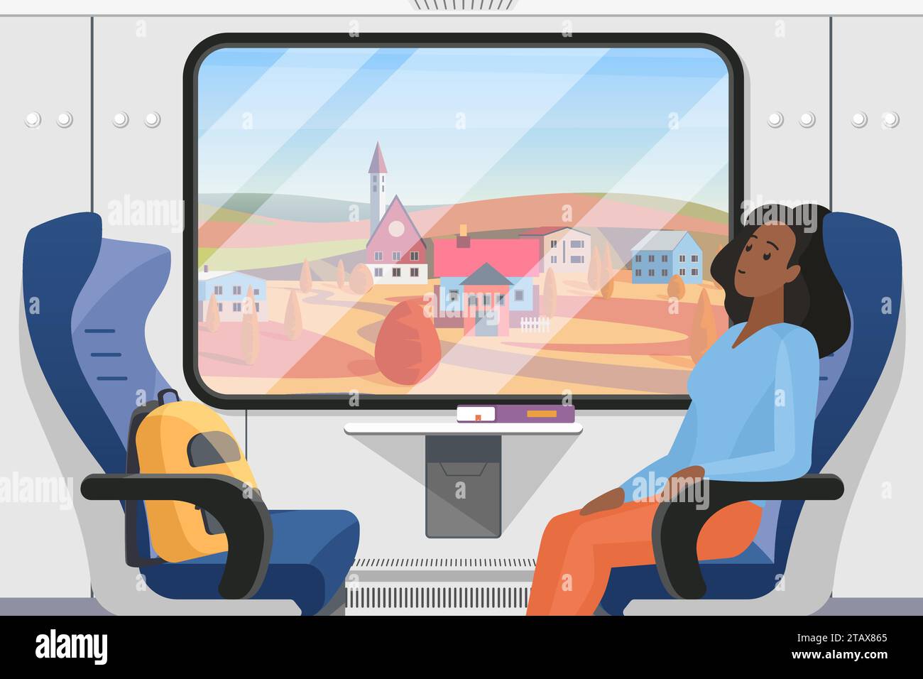 Woman traveling alone in train compartment, looking out window at ... Woman traveling alone in train compartment, looking out window at ...