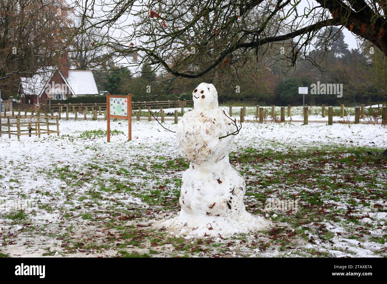 Snowman in festive scene white over morning, first proper snow fall ...