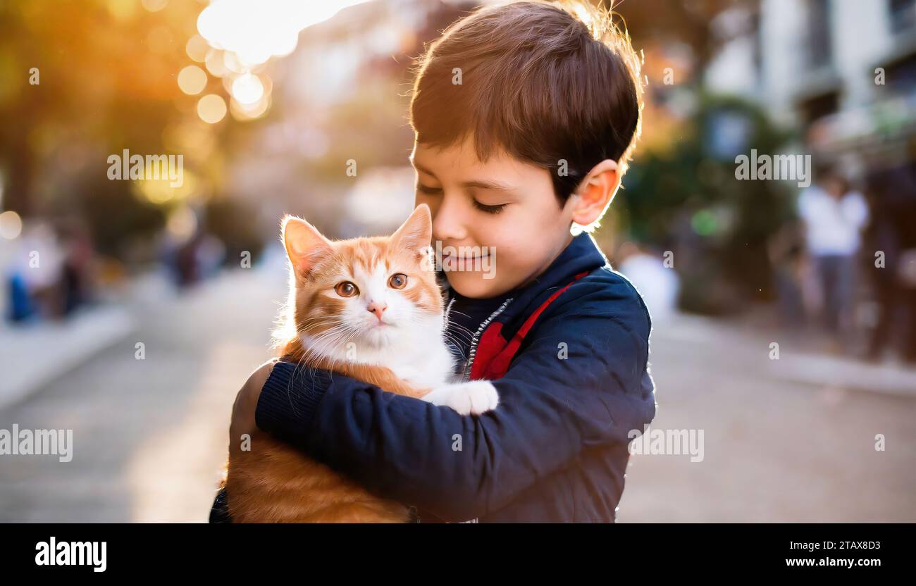 Portrait of cute kid hugging a kitten in closeup."Kids and kittens, a ...
