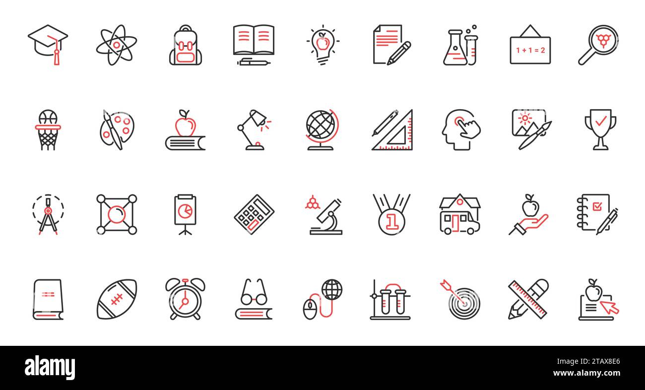 School, college and university education red black thin line icons set ...
