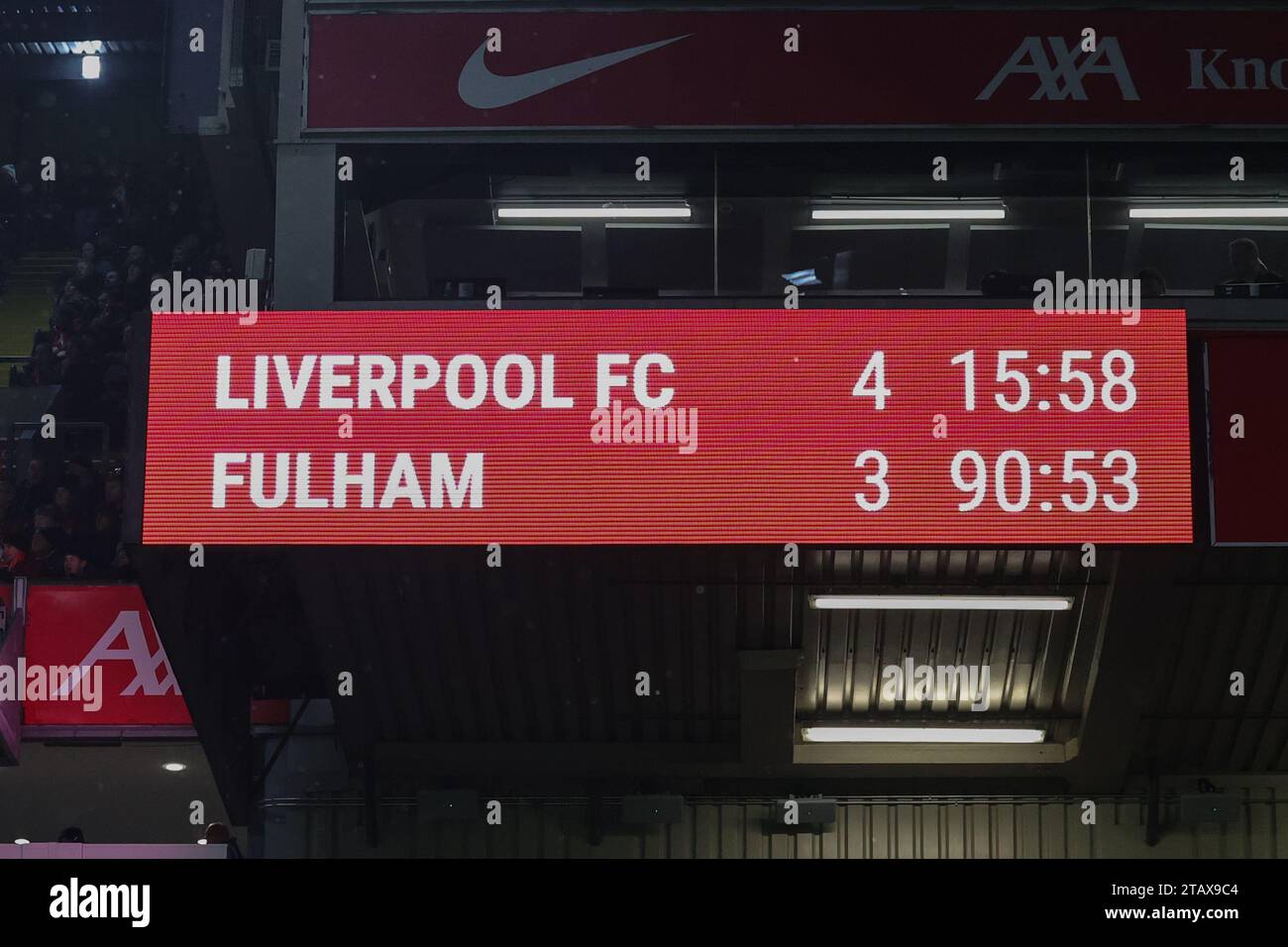 The big screen displays the score line during the Premier League match ...