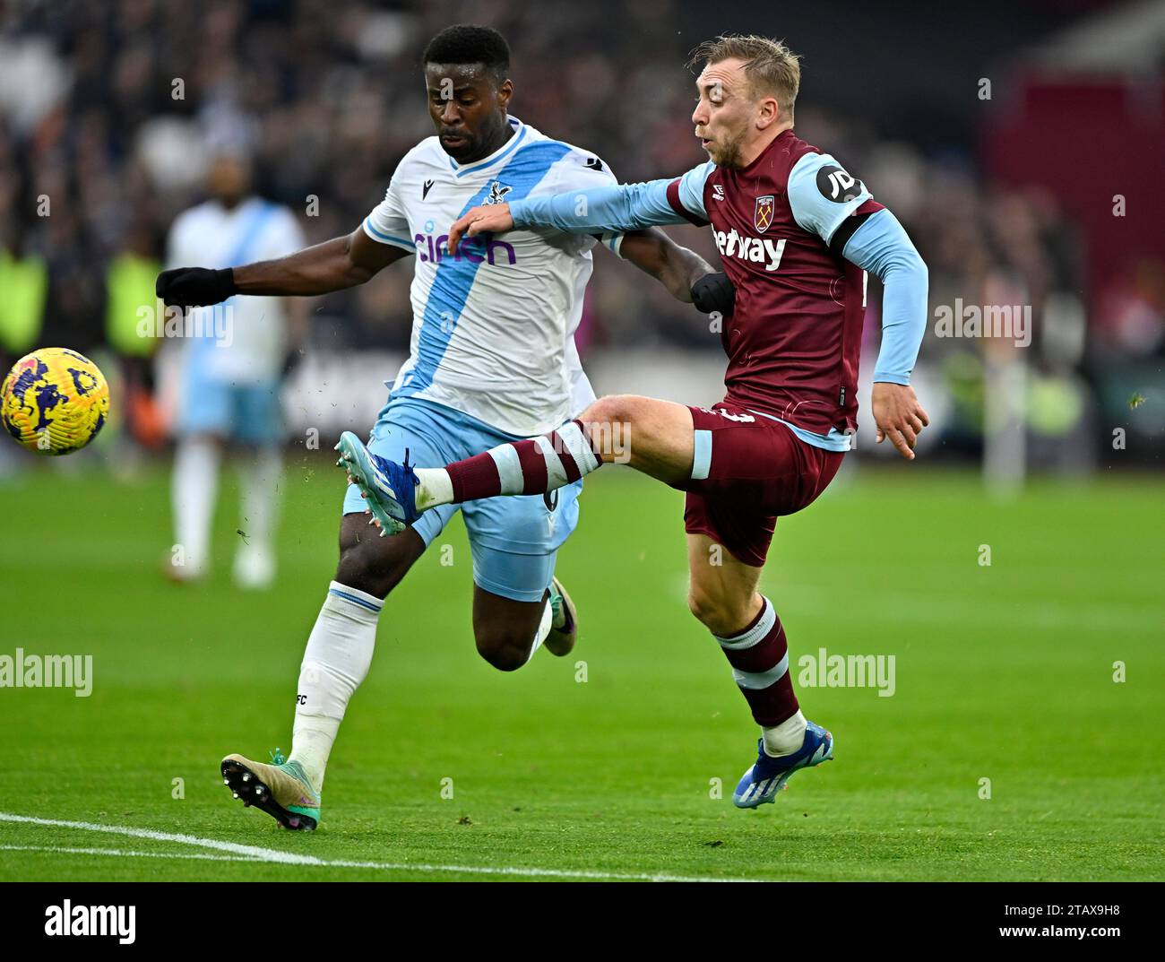 London, UK. 3rd Dec, 2023. Jarrod Bowen (West Ham) has a shot watched ...