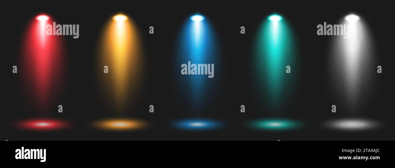 A set of five colored spotlights to illuminate the stage with rays on a ...