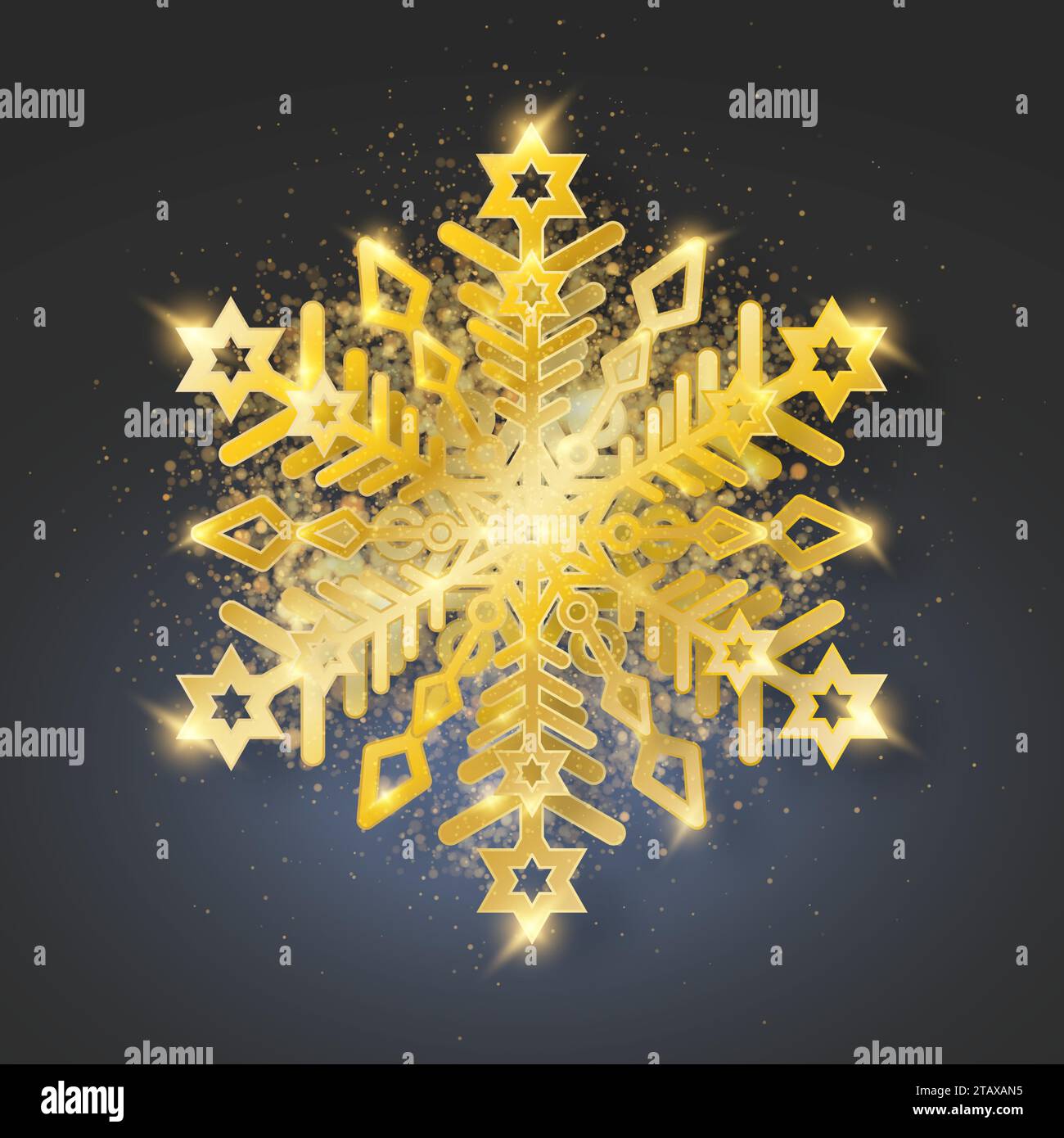 Golden snowflake with bright sparkle and sparkles on a dark background ...