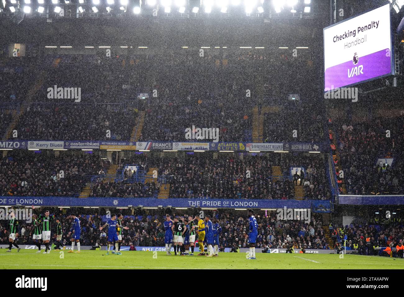 A general view as a VAR checks for handball during the Premier League ...