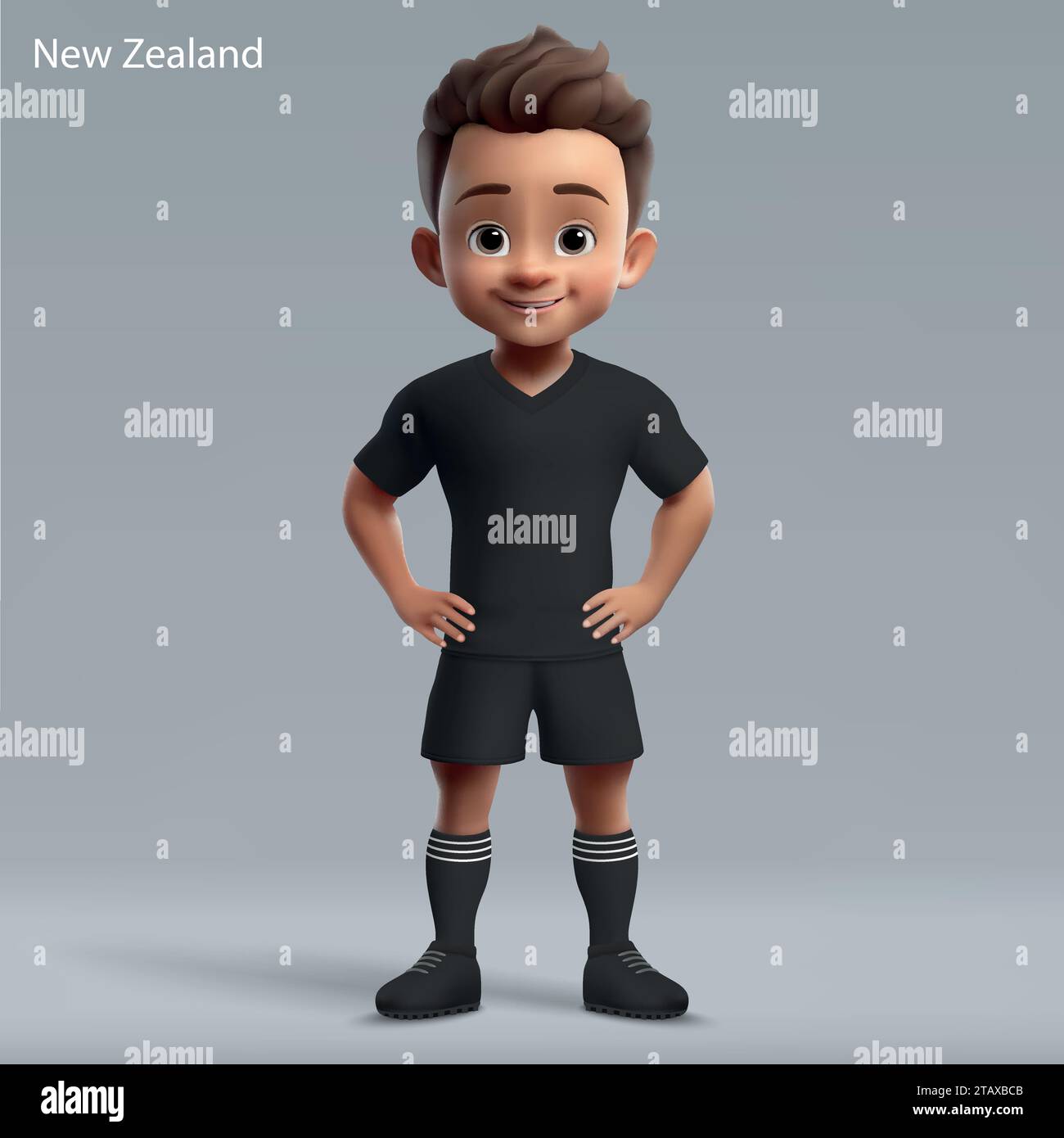 3d cartoon cute young rugby player in New Zealand national team kit ...