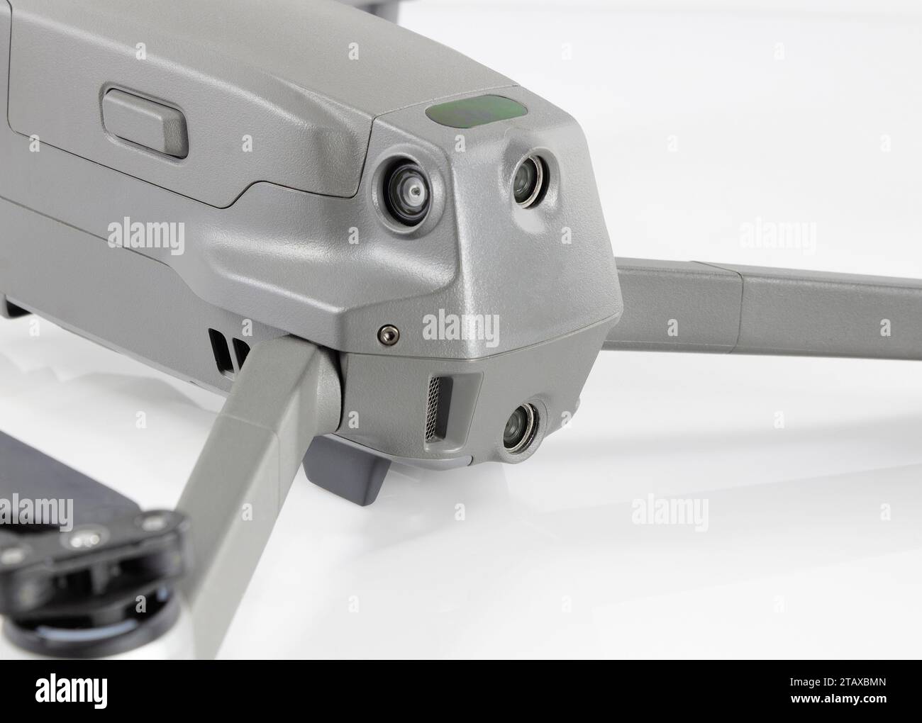 Rear view of drone with sensors. Modern quadcopter on a white ...