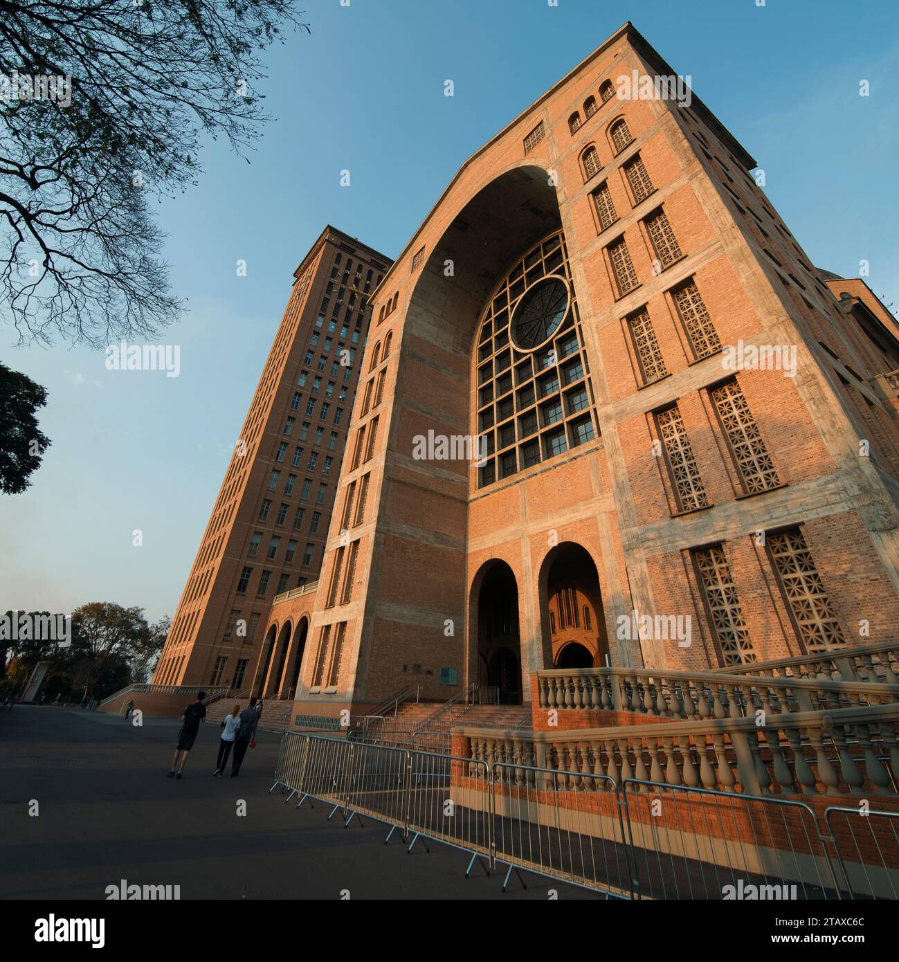 Aparecida, Sao Paulo, Brazil. The clock tower and the facade arches of ...