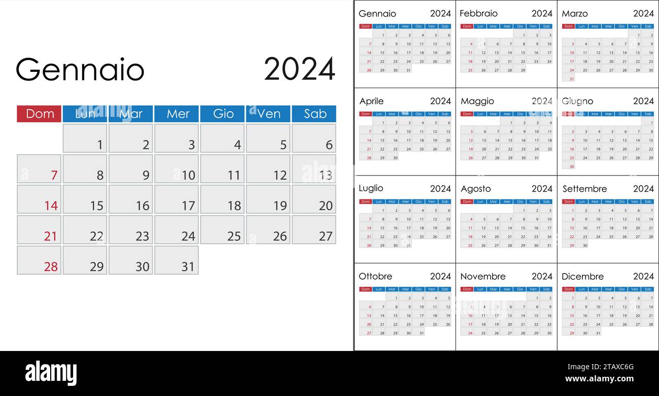 Calendar 2024 on italian language, week start on Sunday. Vector ...