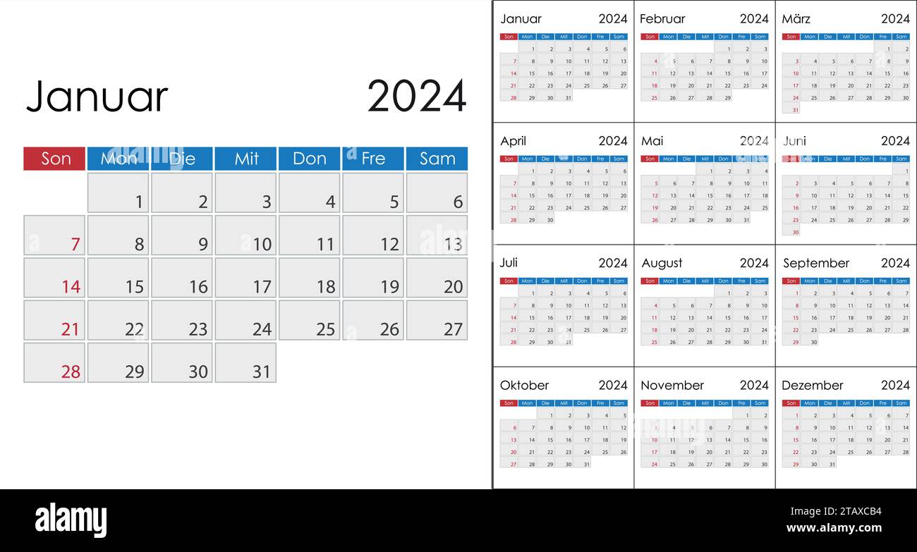 Calendar 2024 on german language, week start on Sunday. Vector template ...