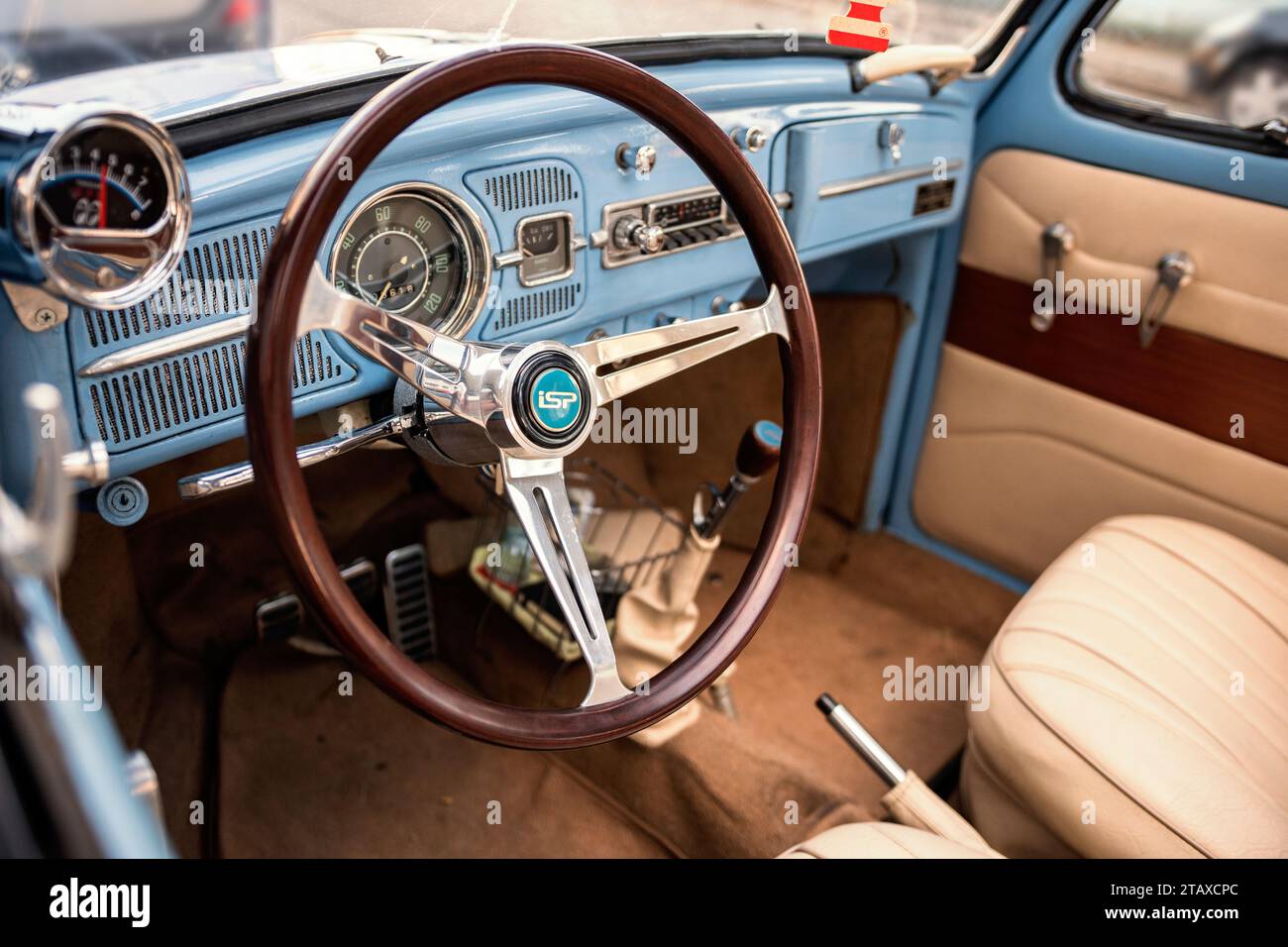 1966 Volkswagen Beetle. Car interior. Dashboard, speedometer, steering ...