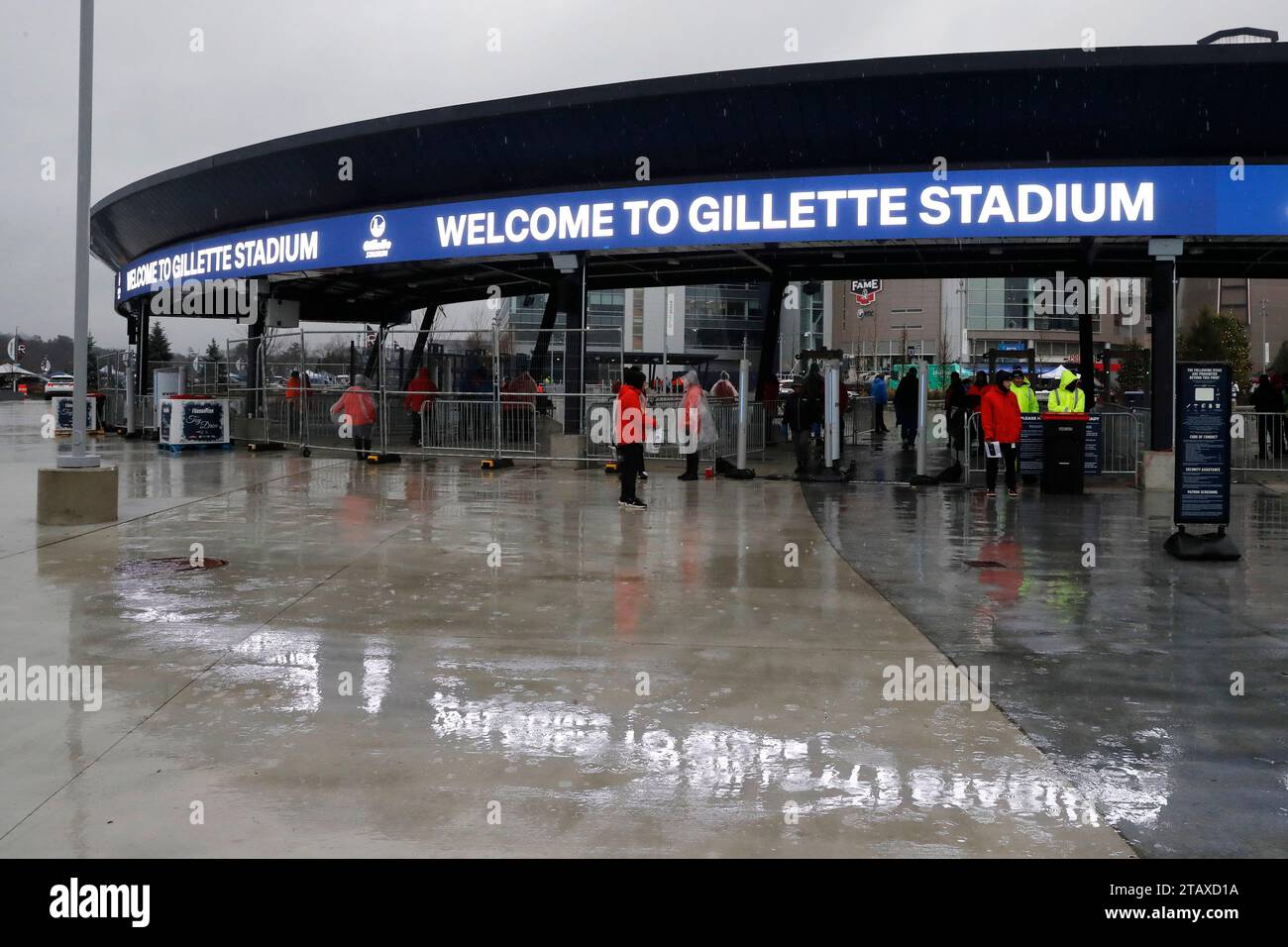 A sign welcomes fans to Gillette Stadium prior to an NFL football game ...