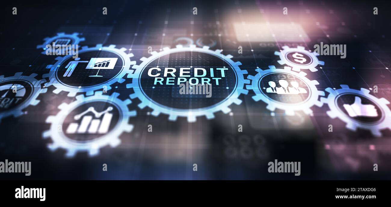 Credit report score button on virtual screen. Business Finance concept ...
