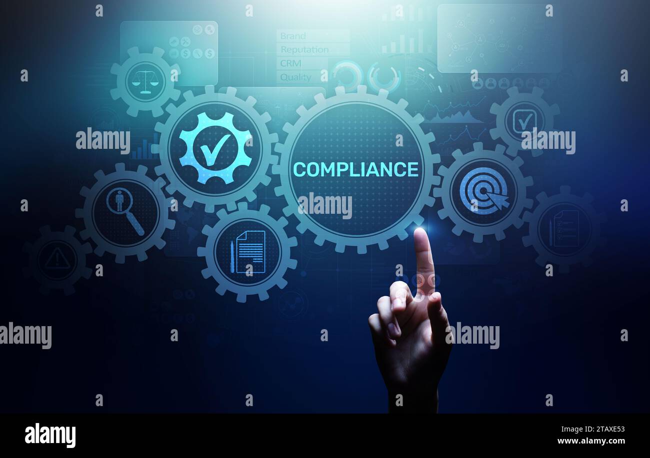 Compliance concept with icons and text. Regulations, law, standards ...