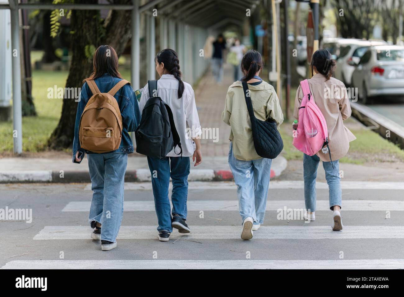 Group of Young Asian student walking and talking at university before ...