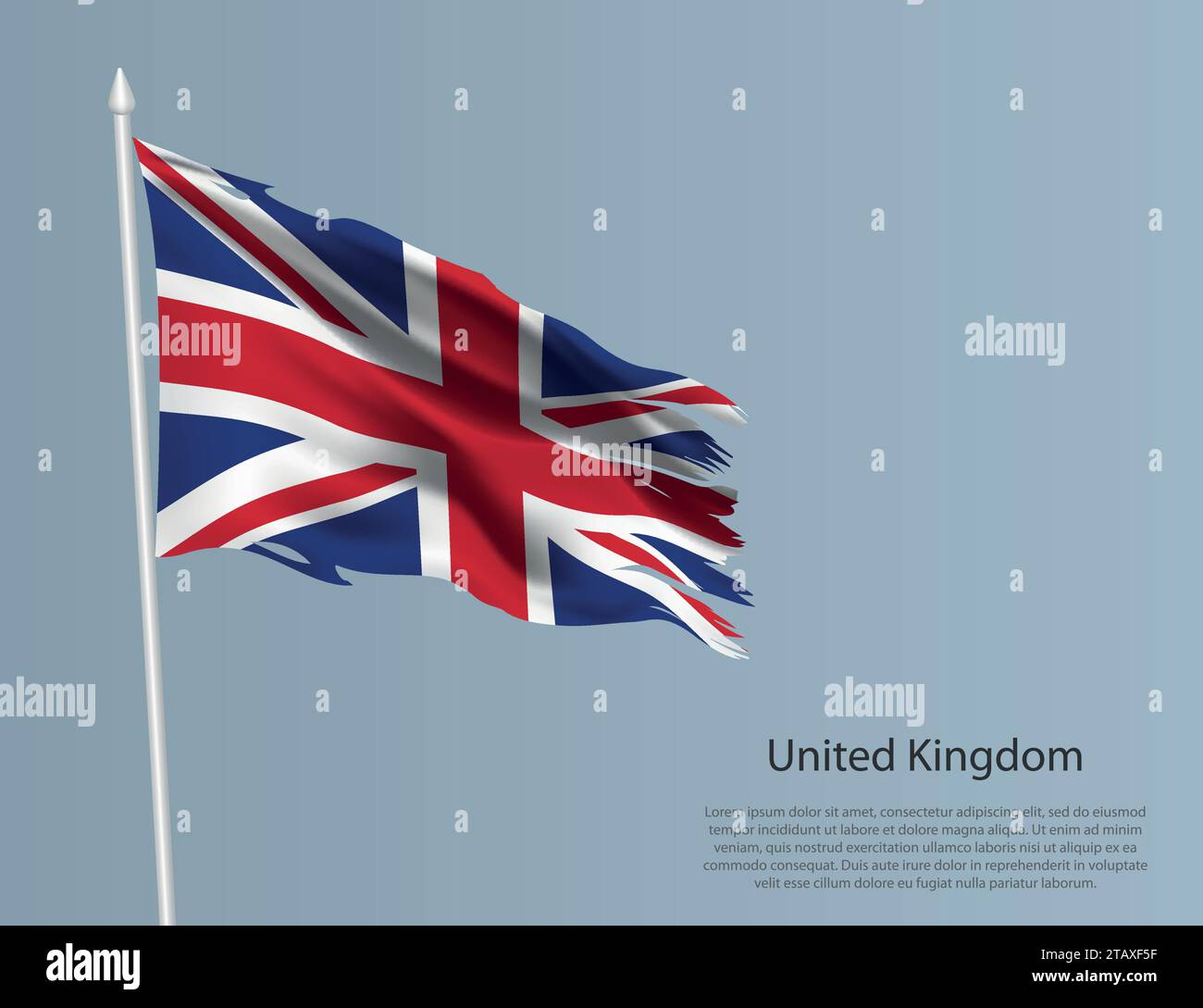 Ragged national flag of United Kingdom. Wavy torn fabric on blue ...