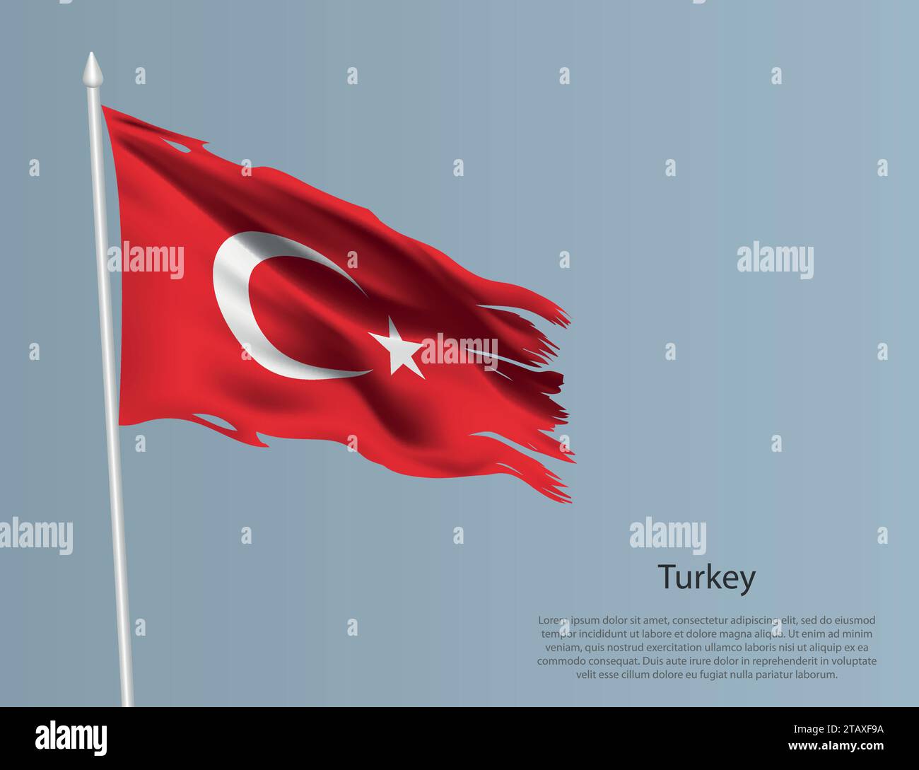 Ragged national flag of Turkey. Wavy torn fabric on blue background ...