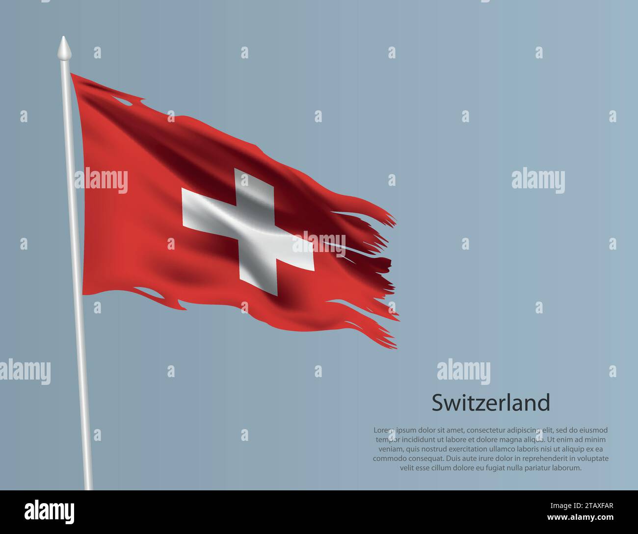 Ragged national flag of Switzerland. Wavy torn fabric on blue ...