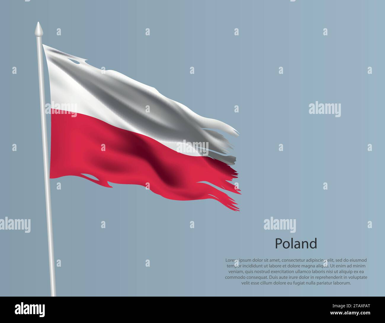 Ragged national flag of Poland. Wavy torn fabric on blue background ...