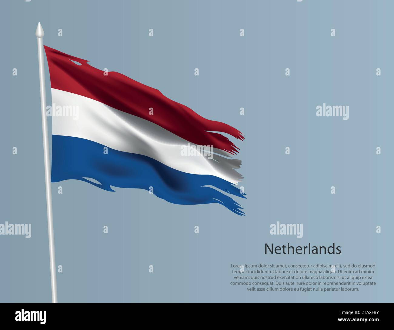 Ragged national flag of Netherlands. Wavy torn fabric on blue ...
